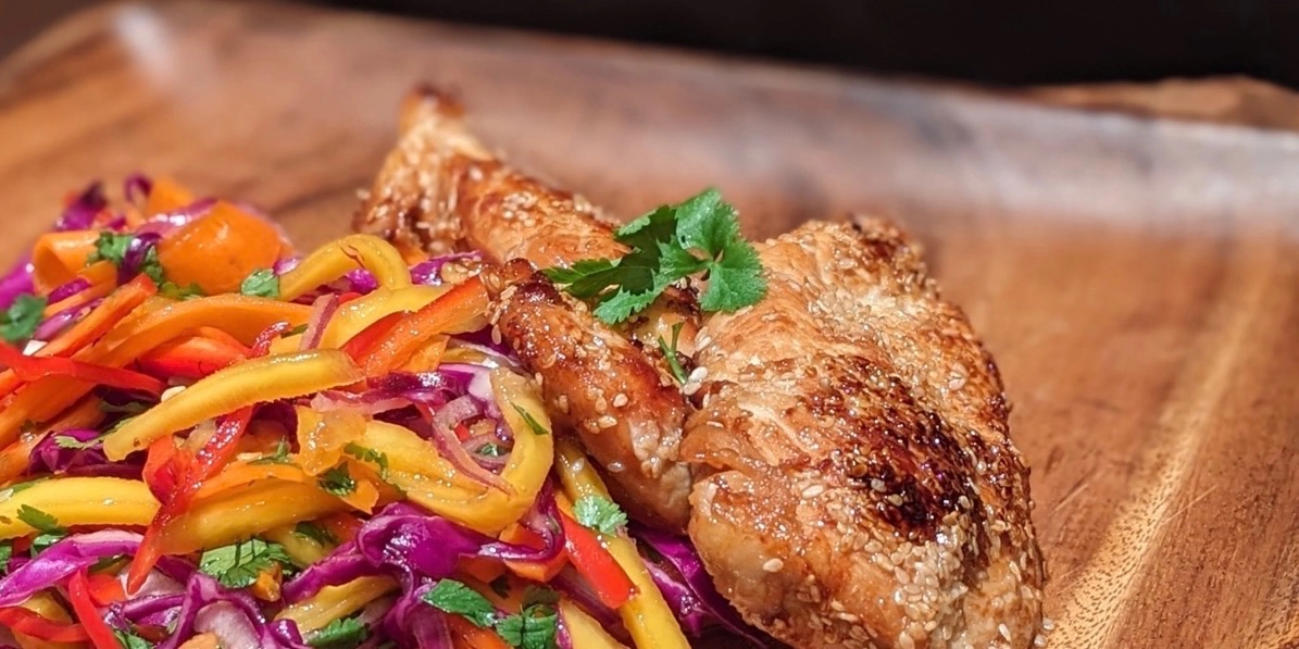 Honey-Sesame Crusted Chicken with Spicy Mango Slaw